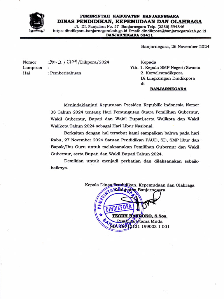 Surat Pemberitahuan Libur Nasional Pilkada 2024 | PDF