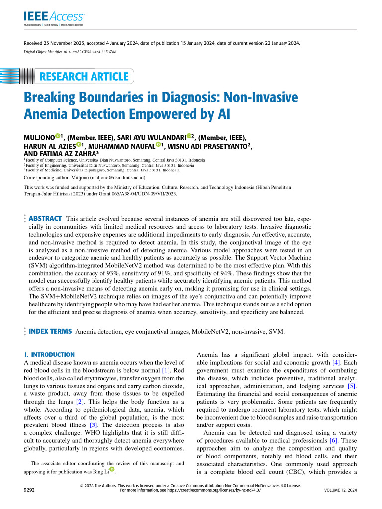 AI-Powered Non-Invasive Anemia Detection | PDF | Support Vector Machine | Machine Learning
