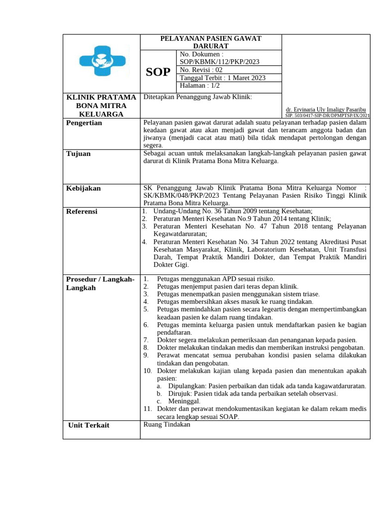 3.7 SOP Pelayanan Pasien Gawat Darurat Bojongsoang 2023 FMEA Edited | PDF