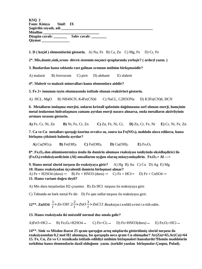 Kimya IX Sinif KSQ 2 V2-1 | PDF