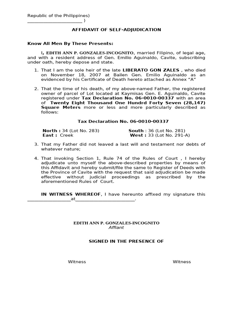 Affidavit of Self-Adjudication in Cavite | PDF | Affidavit | Legal ...