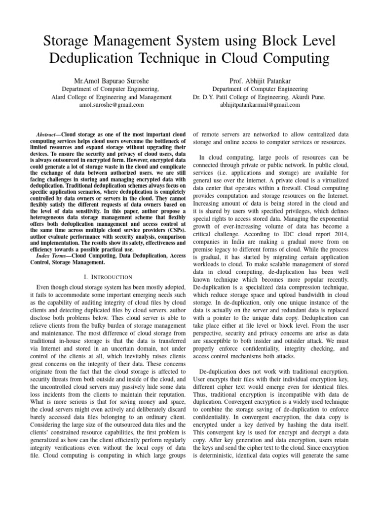 Storage Management System Using Block Level Deduplication Technique in Cloud Computing | PDF ...