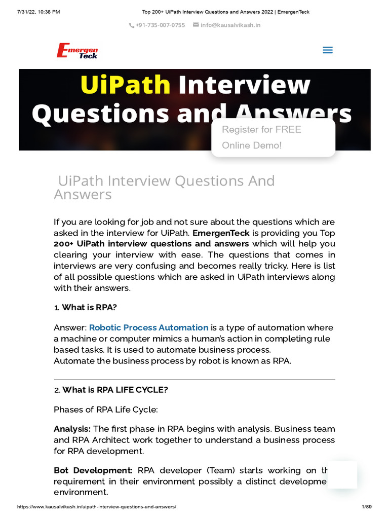 Top 200 - UiPath Interview Questions and Answers 2022 - EmergenTeck | PDF | Parameter (Computer ...