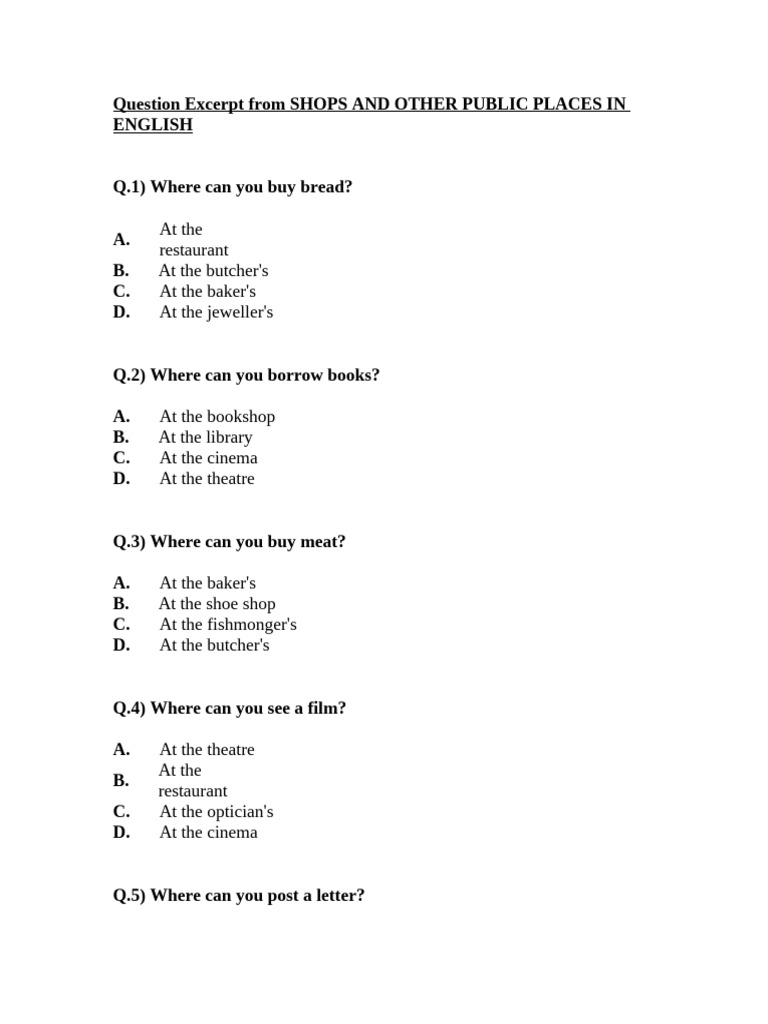 Public Places Vocabulary Quiz | PDF
