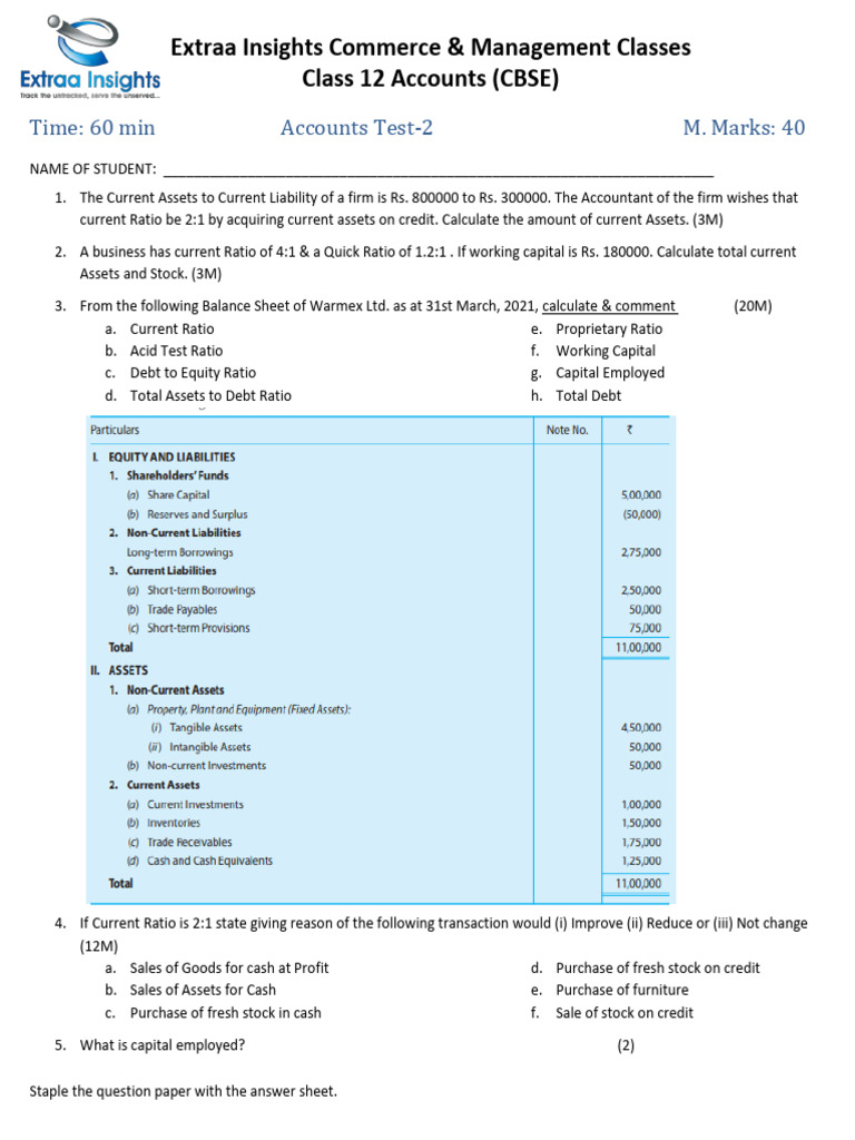 Class 12 (2023) Accounts Ratios-5 Basics Test | PDF