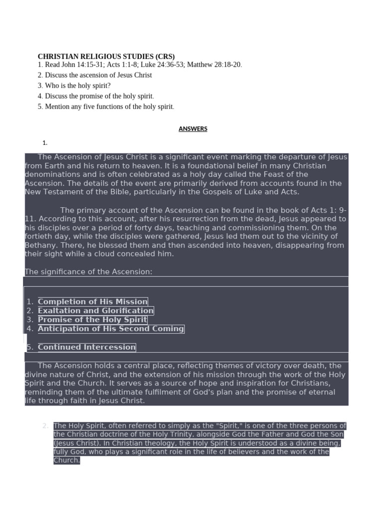 Christian Religious Studies | PDF | Ascension Of Jesus | Jesus