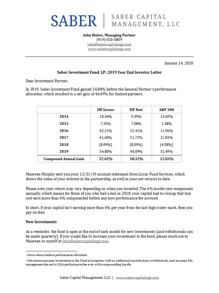 2019 Saber Fund Investor Update | PDF | Stocks | Investing