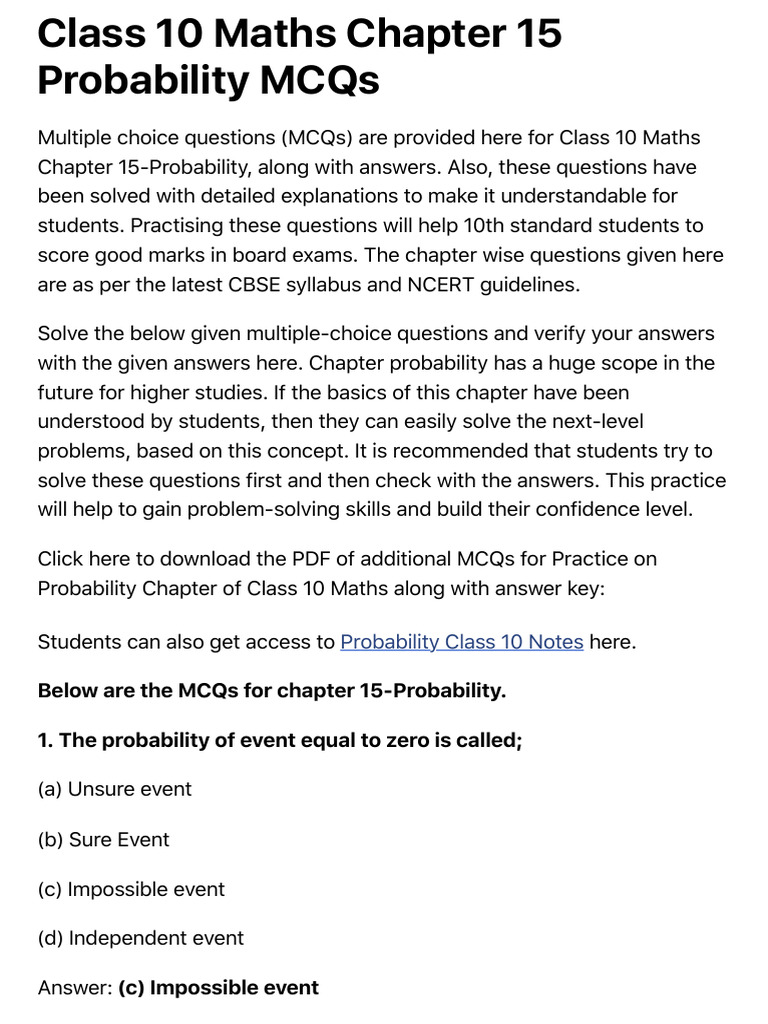 Class 10 Probability MCQs with Solutions | PDF | Multiple Choice | Probability
