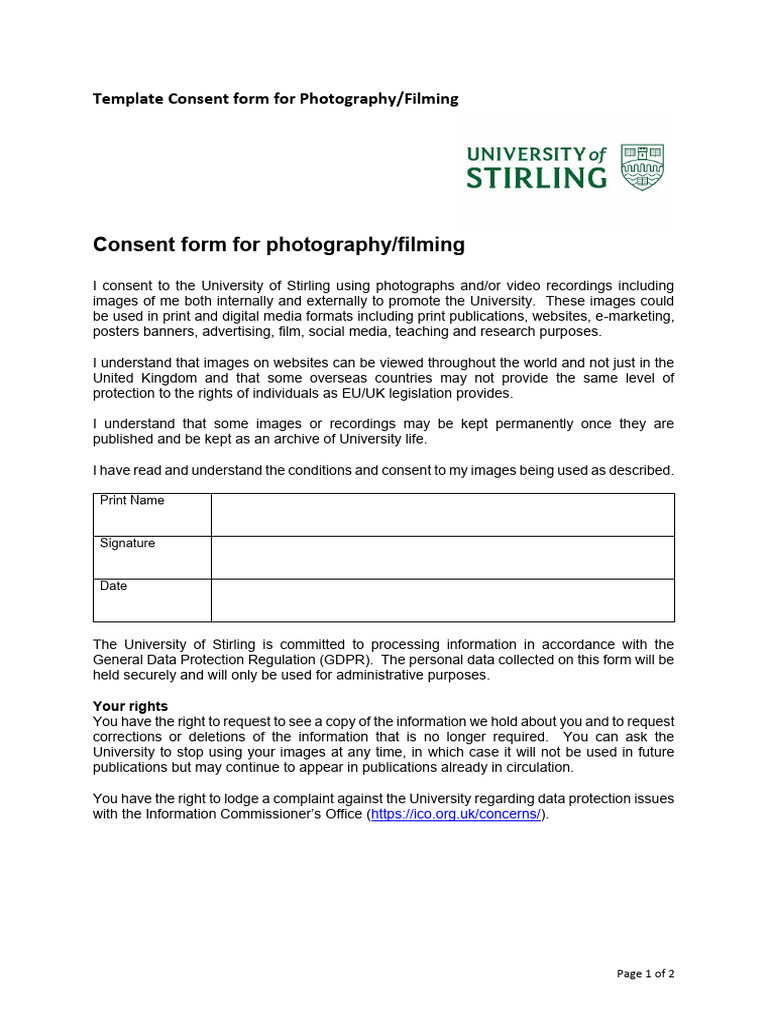 Template Consent Form For Photography or Filming | PDF