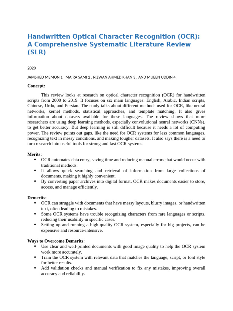 Handwritten Optical Character Recognition Pdf Optical Character