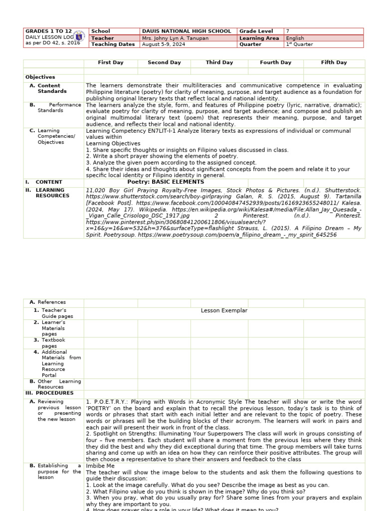 DLL Quarter1 Lesson1 Week2 | PDF | Poetry | Learning
