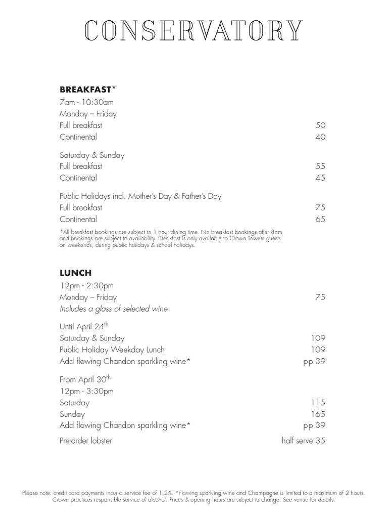 Crown Melbourne Restaurants Conservatory Price List | PDF | Workweek ...