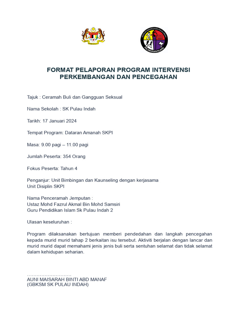 Format Pelaporan Program Intervensi Perkembangan Dan Pencegahan | PDF