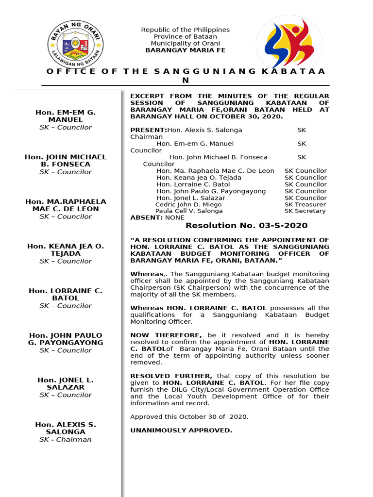 Resolution Confirming The Appointment of SK Councilor As BMO | PDF ...