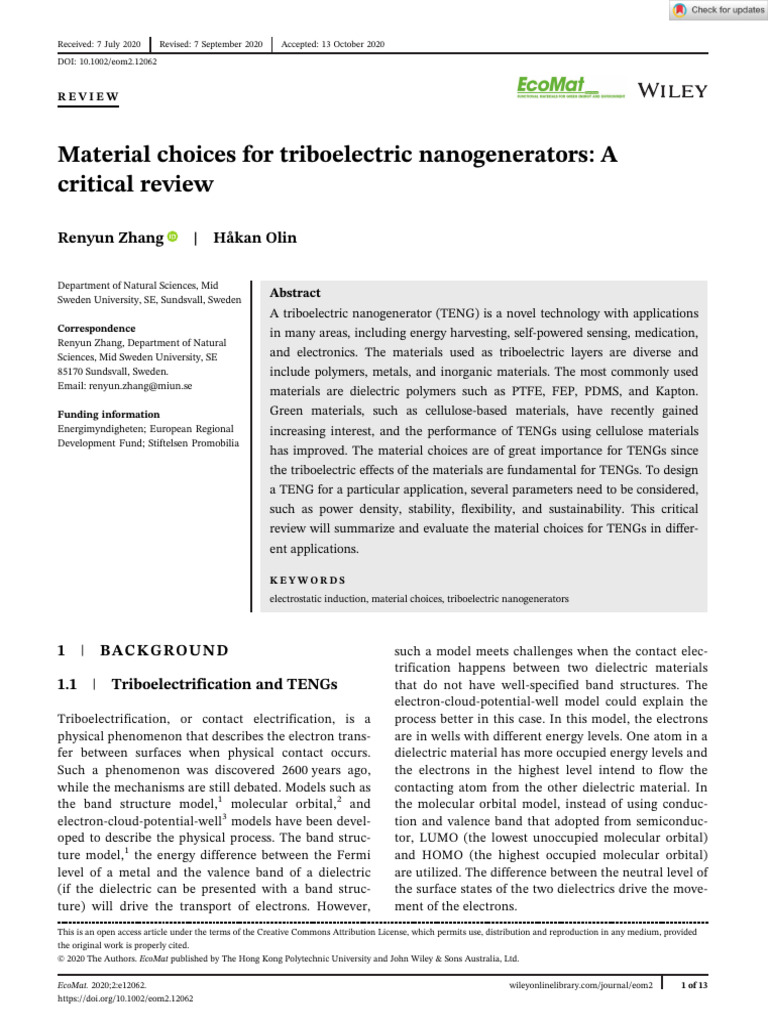 EcoMat - 2020 - Zhang - Material Choices For Triboelectric Nanogenerators A Critical Review ...