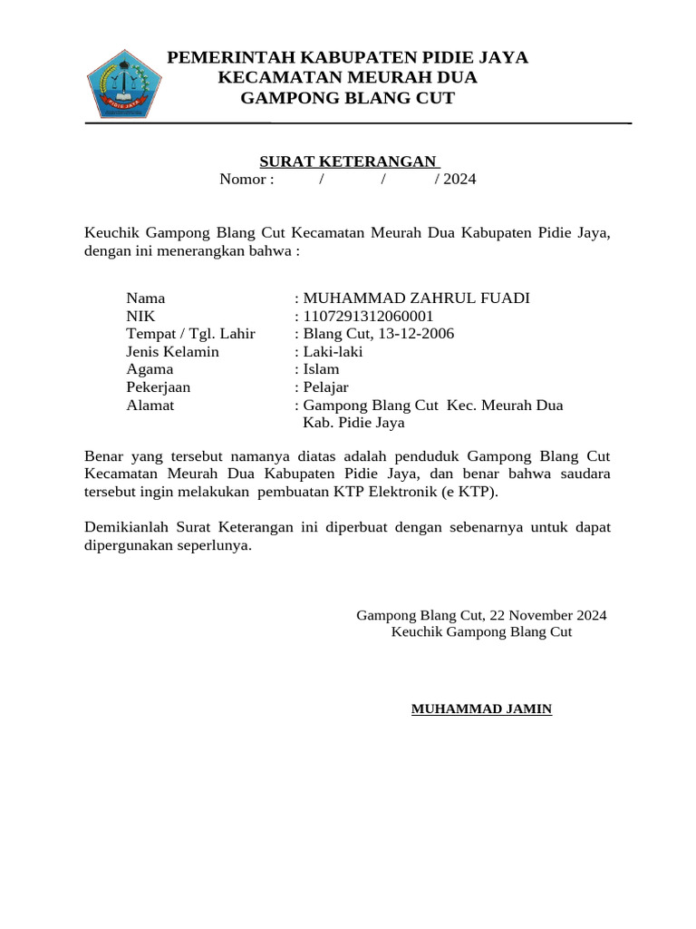 Suket Pembuatan KTP Blang Cut 2024 | PDF