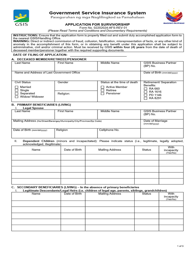 GSIS Survivorship Benefit Application Form | PDF | Concurrent Estate ...