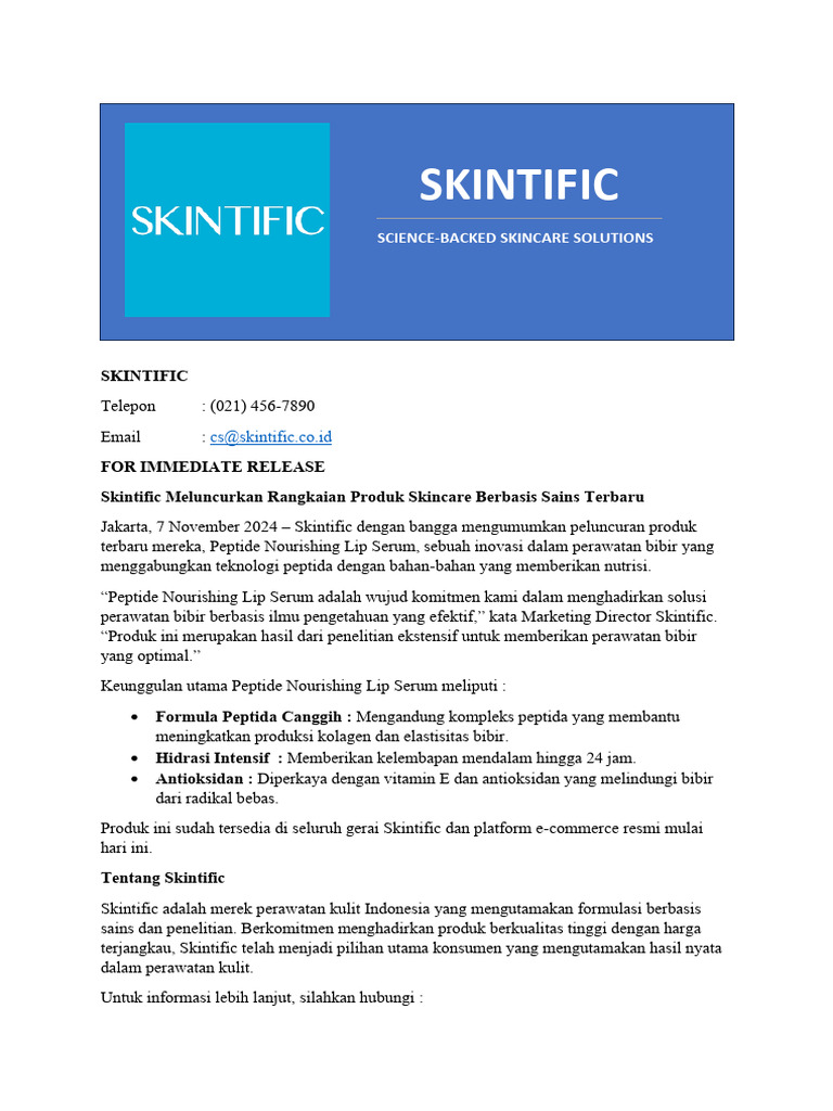 Press Release - Sabrina Desinta - Skintific | PDF