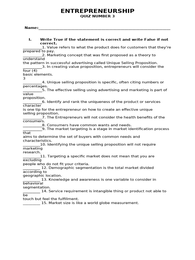Quiz Number 3 | PDF | Marketing | Market Segmentation