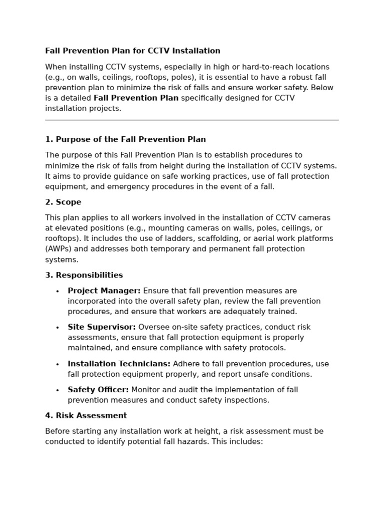 Fall Prevention Plan For CCTV Installation | PDF | Occupational Safety ...