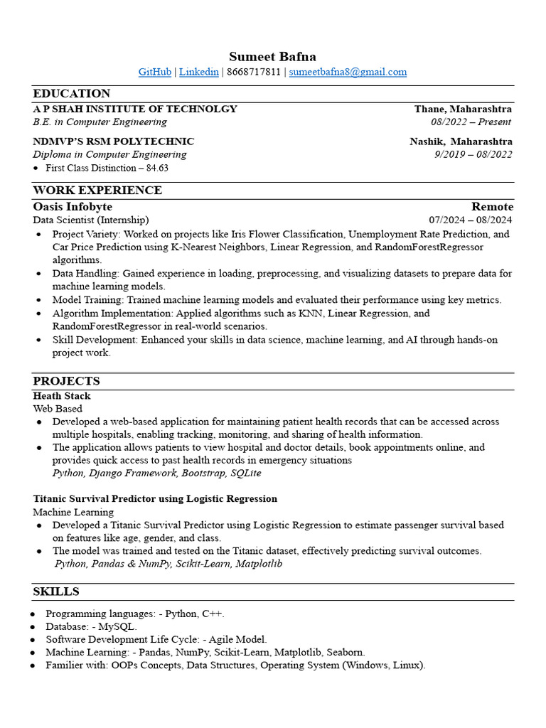 Sumeet Resume 1 | PDF | Machine Learning | Regression Analysis