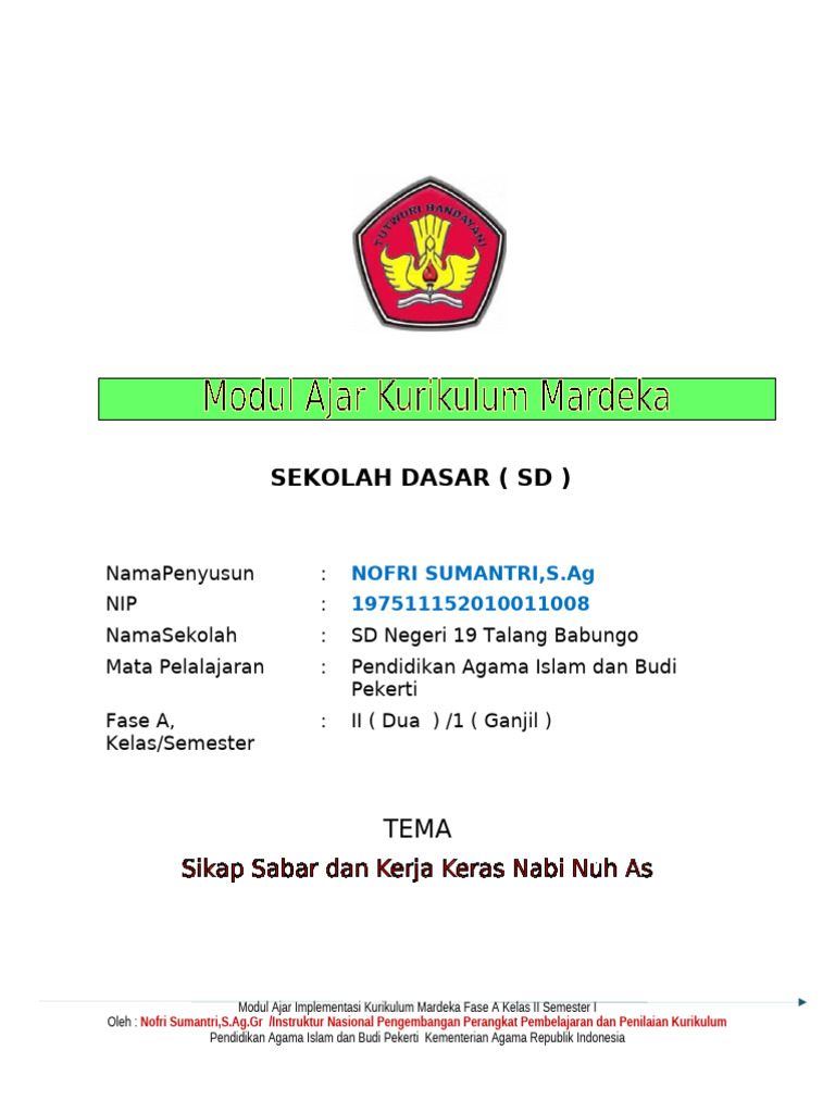 Modul Ajar Kelas 2 Bab 5 Sikap Sabar Dan Kerja Keras Nabi Nuh As | PDF