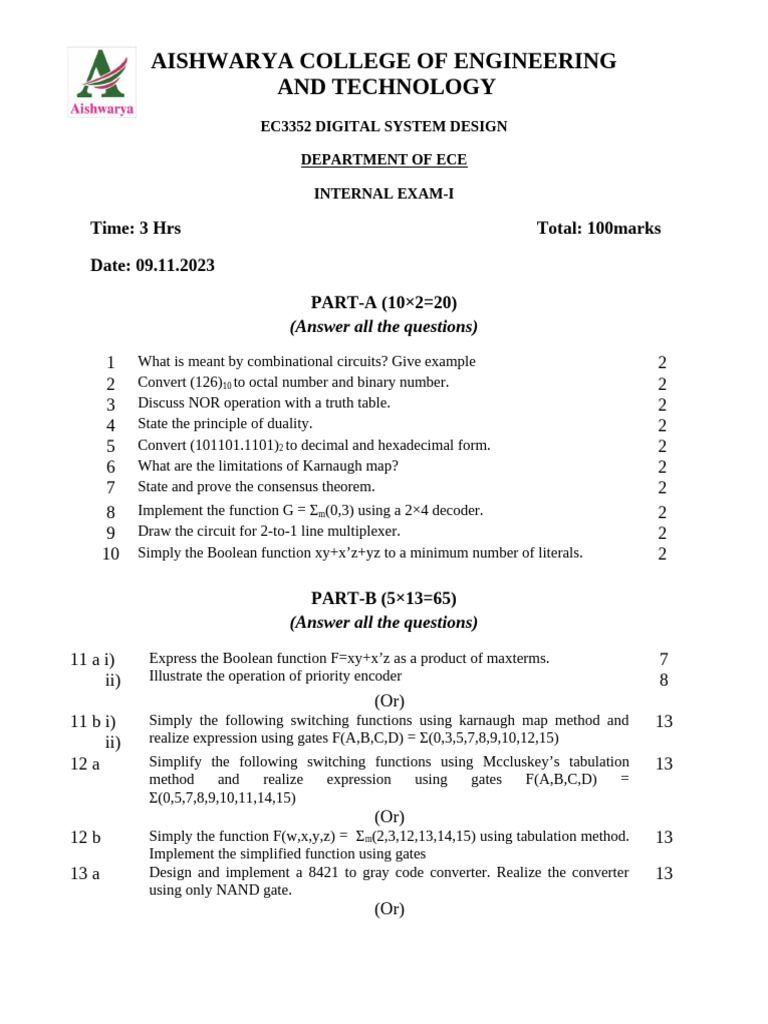 Ec3352 Digital System Design | PDF | Digital Electronics | Boolean Algebra