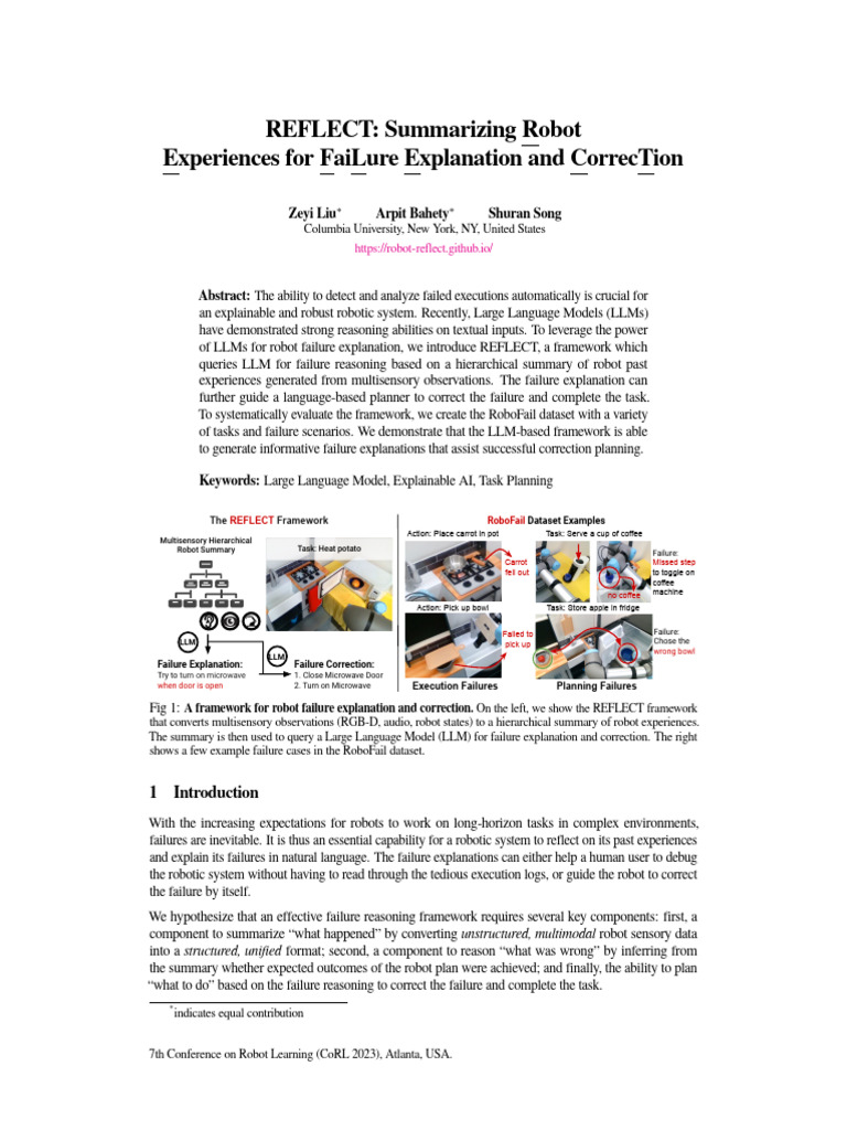 Reflect - Summarizing Robot Experiences For Failure Explanation and Correction | PDF ...