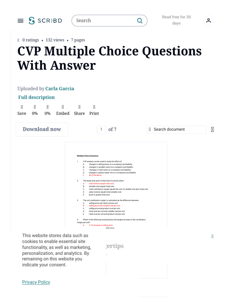 CVP Multiple Choice Questions | PDF | Management Accounting | Economics