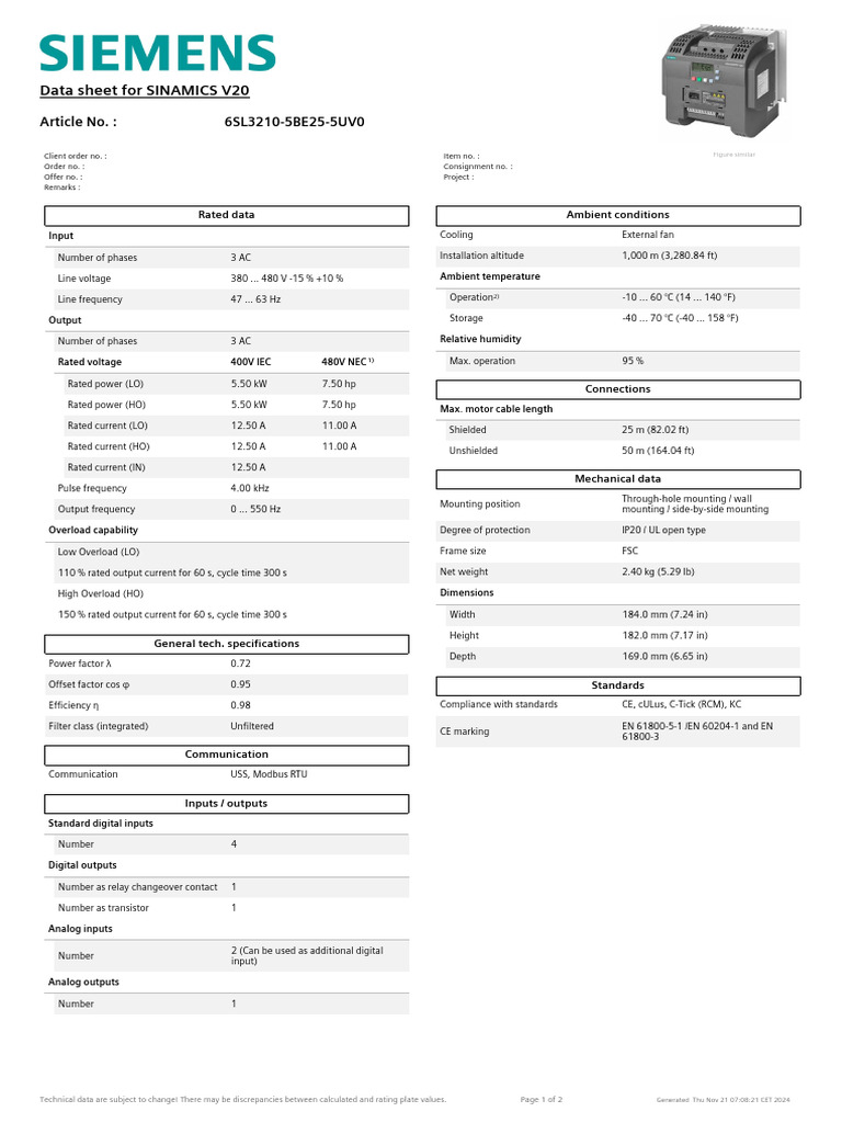 SINAMICS V20 Technical Data Sheet | PDF | Alternating Current | Hertz
