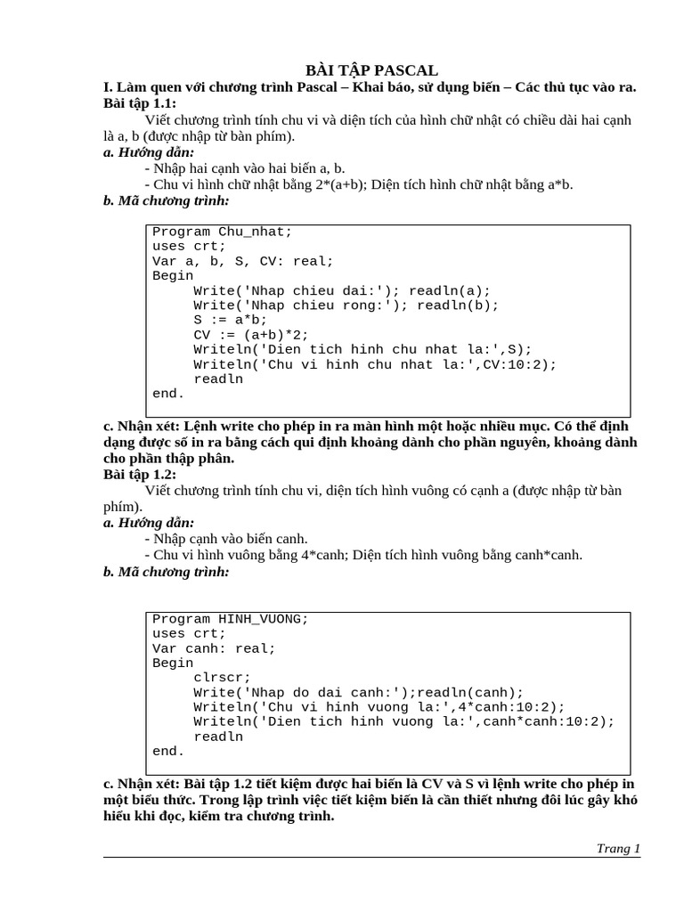 100 bai tap pascal lop 8 | PDF