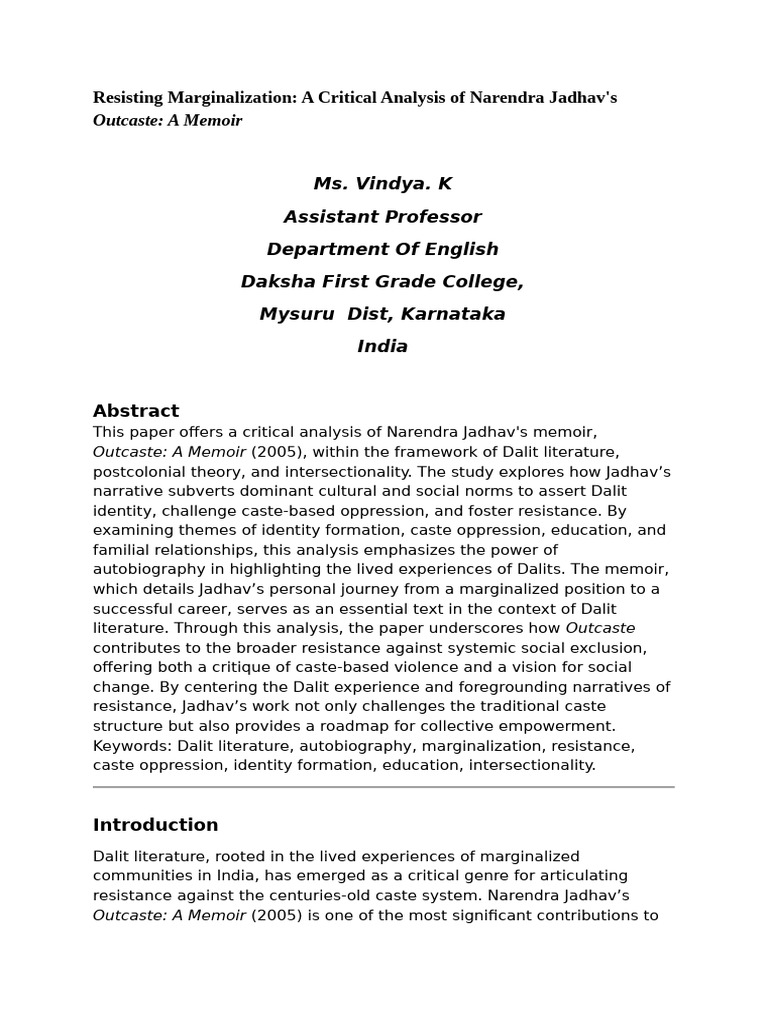 Jhadav' S - A Memoir | PDF | Dalit | Intersectionality