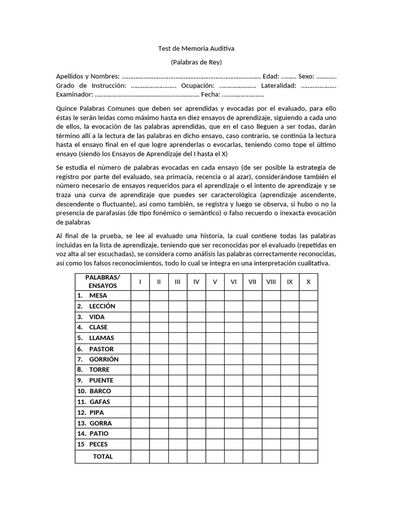Informe Test de Palabras de Rey Edward | PDF | Aprendizaje | Procesos ...