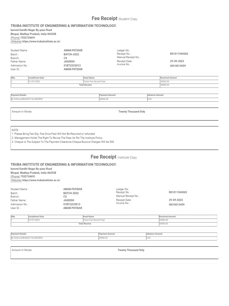 TRUBA Institute Fee Receipt - Aman Patidar | PDF | Receipt | Payments