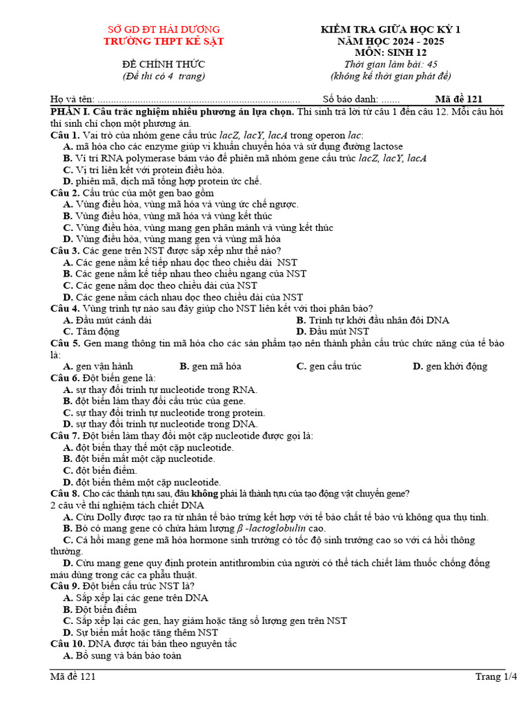 De Giua Hoc Ky 1 Sinh Hoc 12 Nam 2024 2025 Truong THPT Ke Sat Hai Duong | PDF