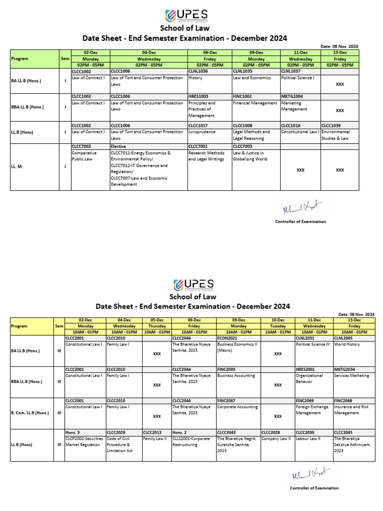 December 2024 Law Exam Date Sheet | PDF | Justice | Crime & Violence