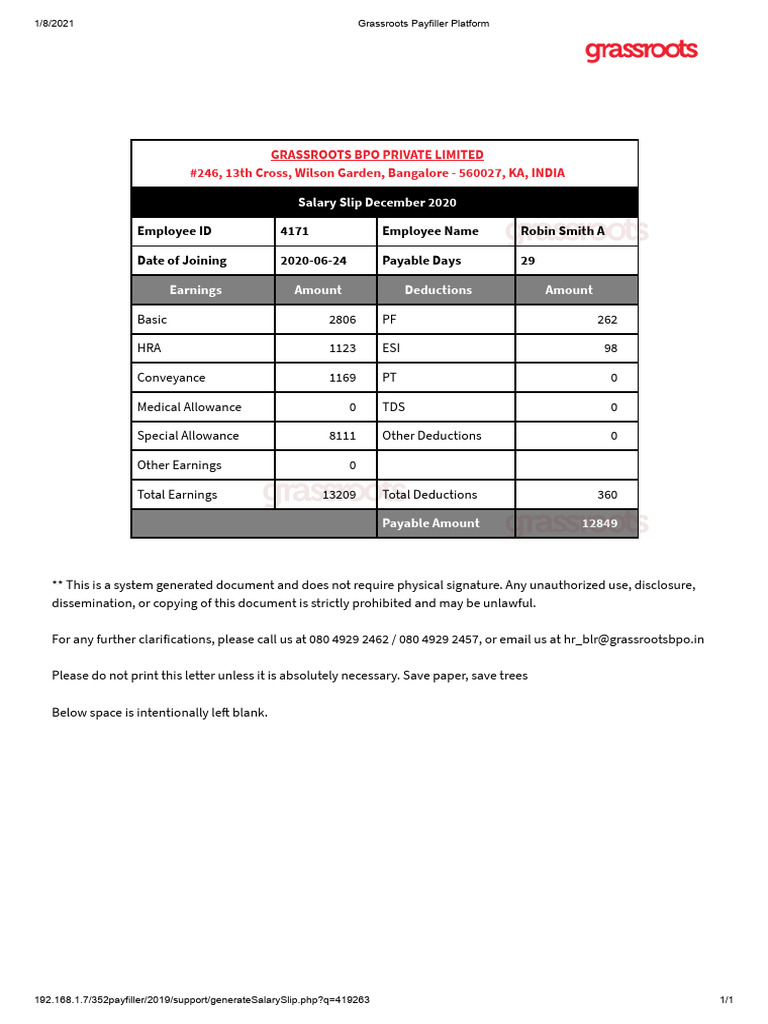 Salary Slip December 2020: Grassroots Bpo Private Limited #246, 13th ...