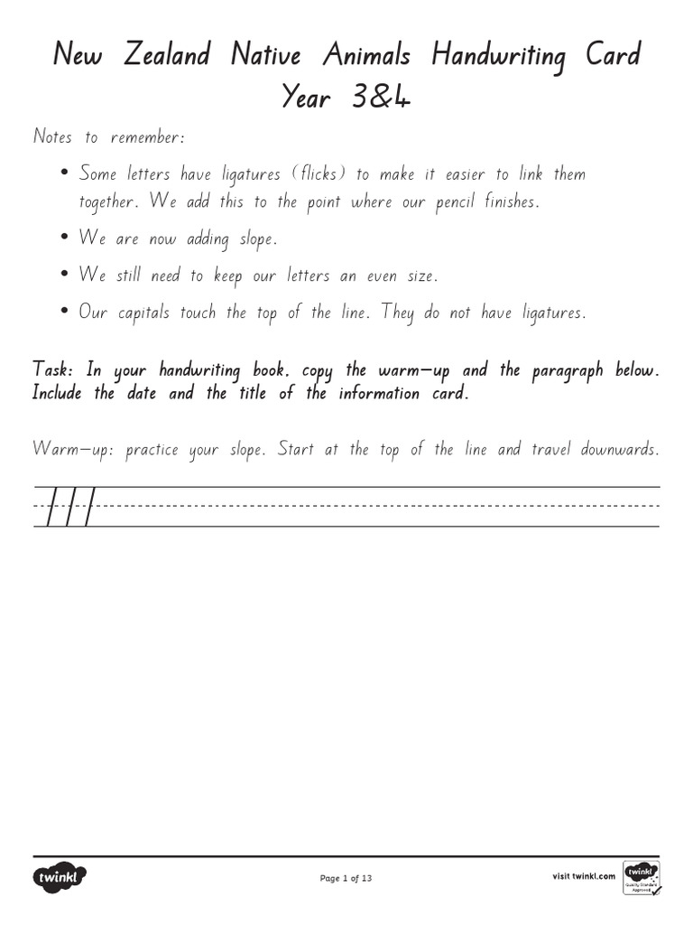 Native New Zealand Animals Handwriting Year 3 and 4 Activity Sheets | PDF