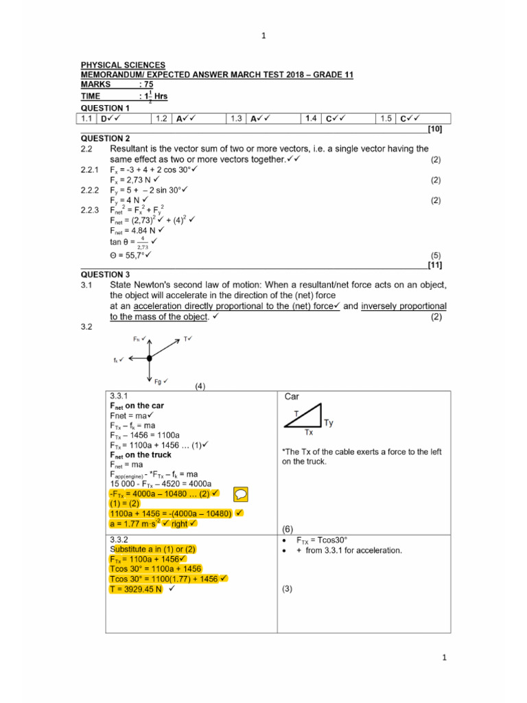 Grade 11 Newton + Term 1 Chem Worksheet Memo | PDF