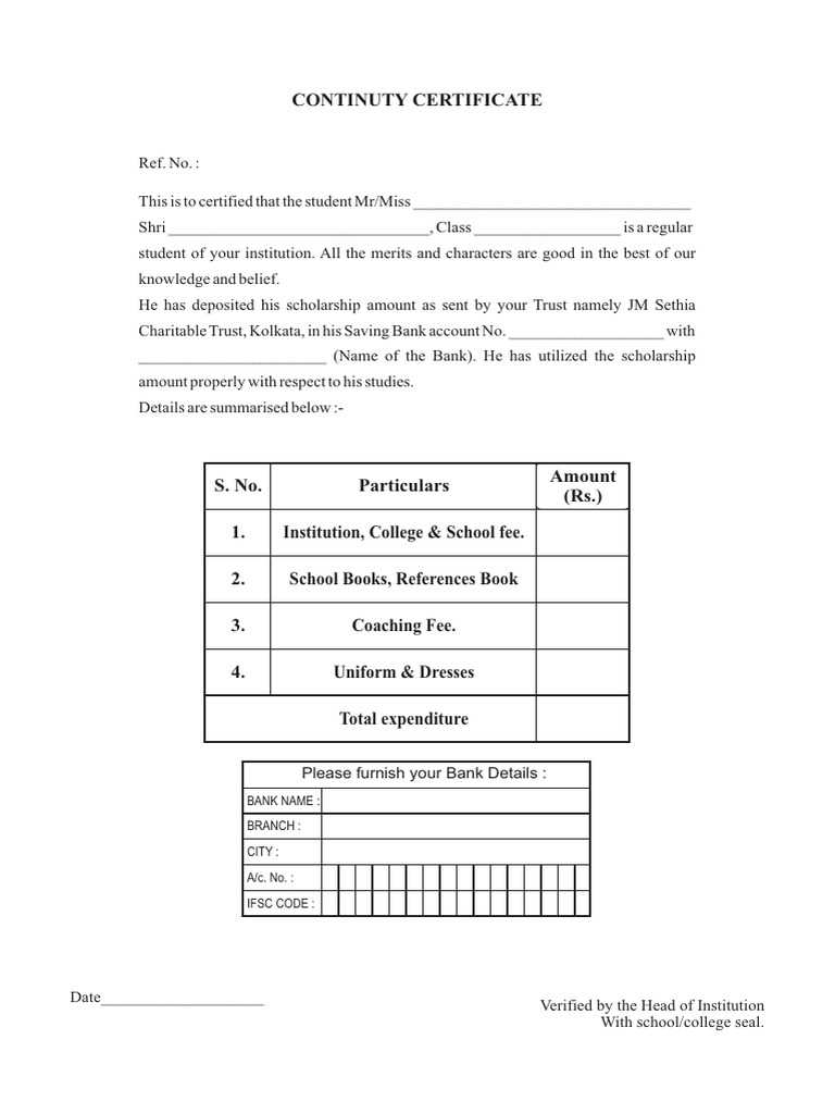 Student Continuity Certificate Template | PDF