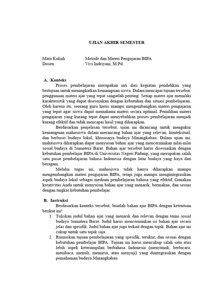 UAS Metode Dan Materi Pengajaran BIPA | PDF
