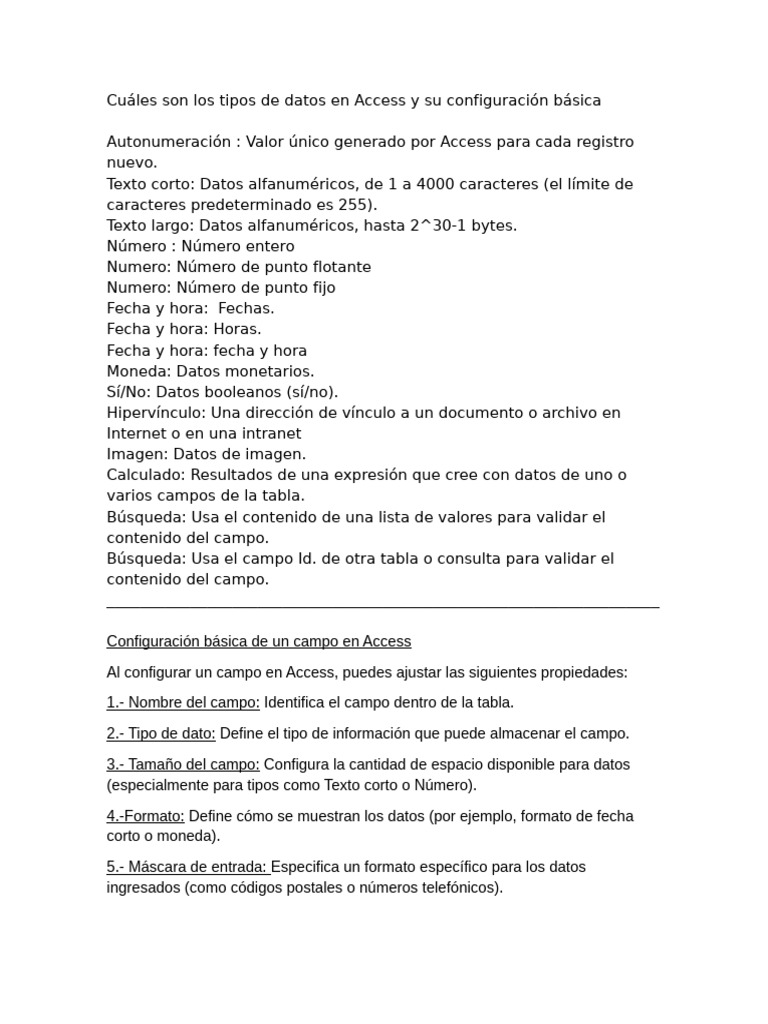 Cuáles Son Los Tipos de Datos en Access y Su Configuración Básica | PDF | Información | Tipo de ...