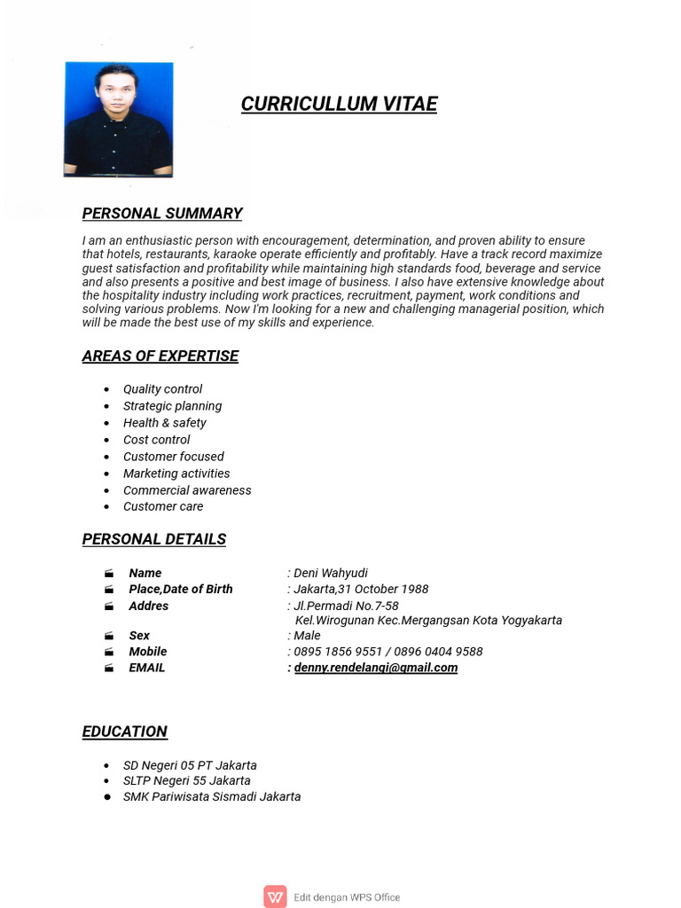 Hospitality Manager CV: Deni Wahyudi | PDF | Jakarta | Foodservice