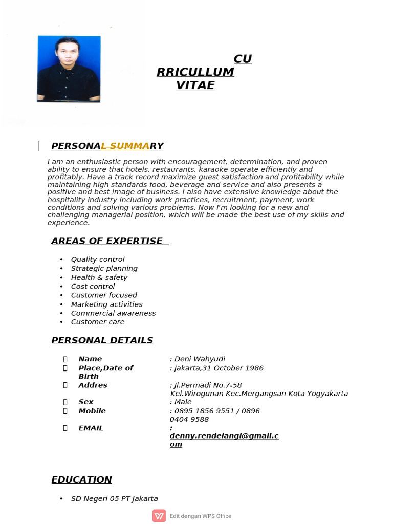 CURRICULLUM VITAE DENNY WAHYUDI Baru Banget | PDF | Jakarta | Restaurants