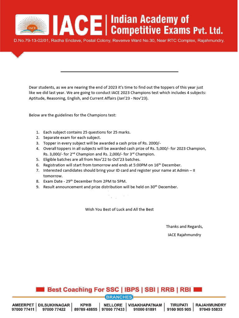 Iace 2023 Champions Test | PDF