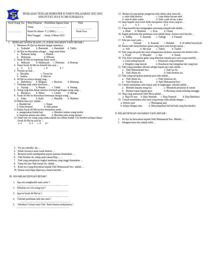 Soal PTS Pendidikan Agama Islam Kelas 5 | PDF
