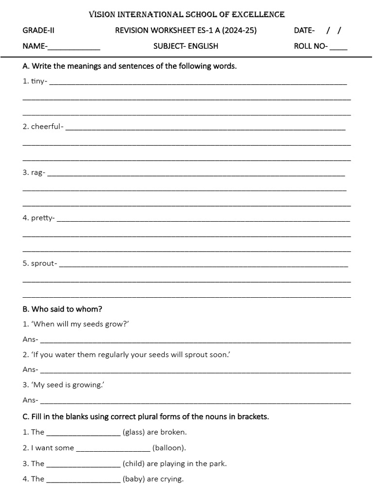 Grade 2 English Revision Worksheet | PDF