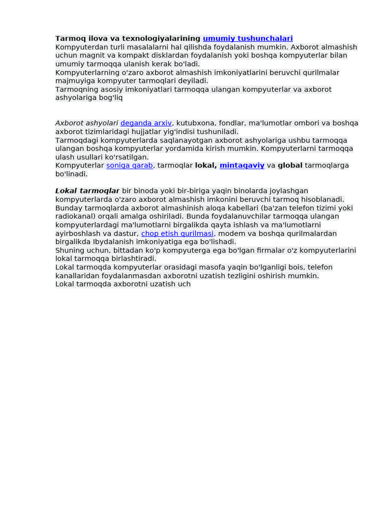 Tarmoq Ilova Va Texnologiyalarining Umumiy Tushunchalari | PDF