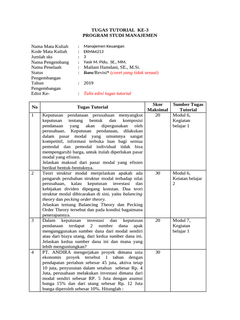 Jawaban Tugas 3 Manajemen Keuangan Ekma4213 | PDF
