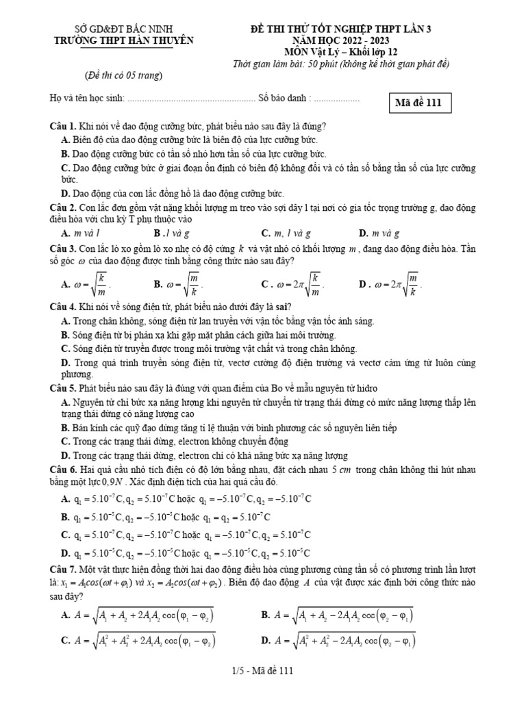 De Thi Thu Vat Ly TN THPT 2023 Lan 3 Truong THPT Han Thuyen Bac Ninh | PDF